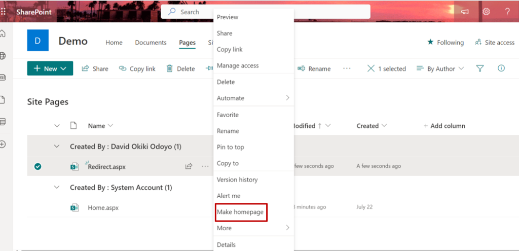 How to add a redirect on a modern SharePoint page