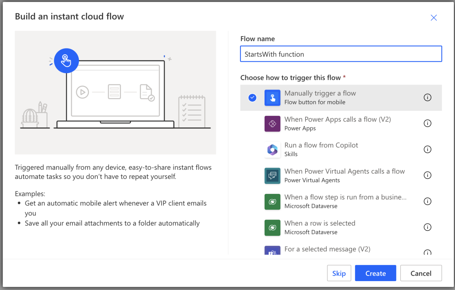 Using StartsWith function in Power Automate